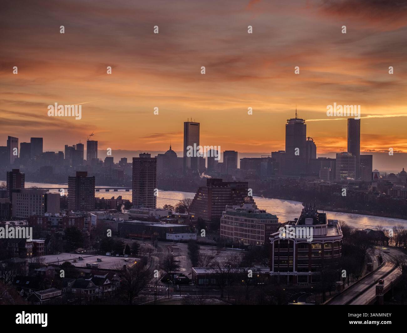 Aerial view of Boston skyline at sunset with Longfellow Bridge, Charles ...