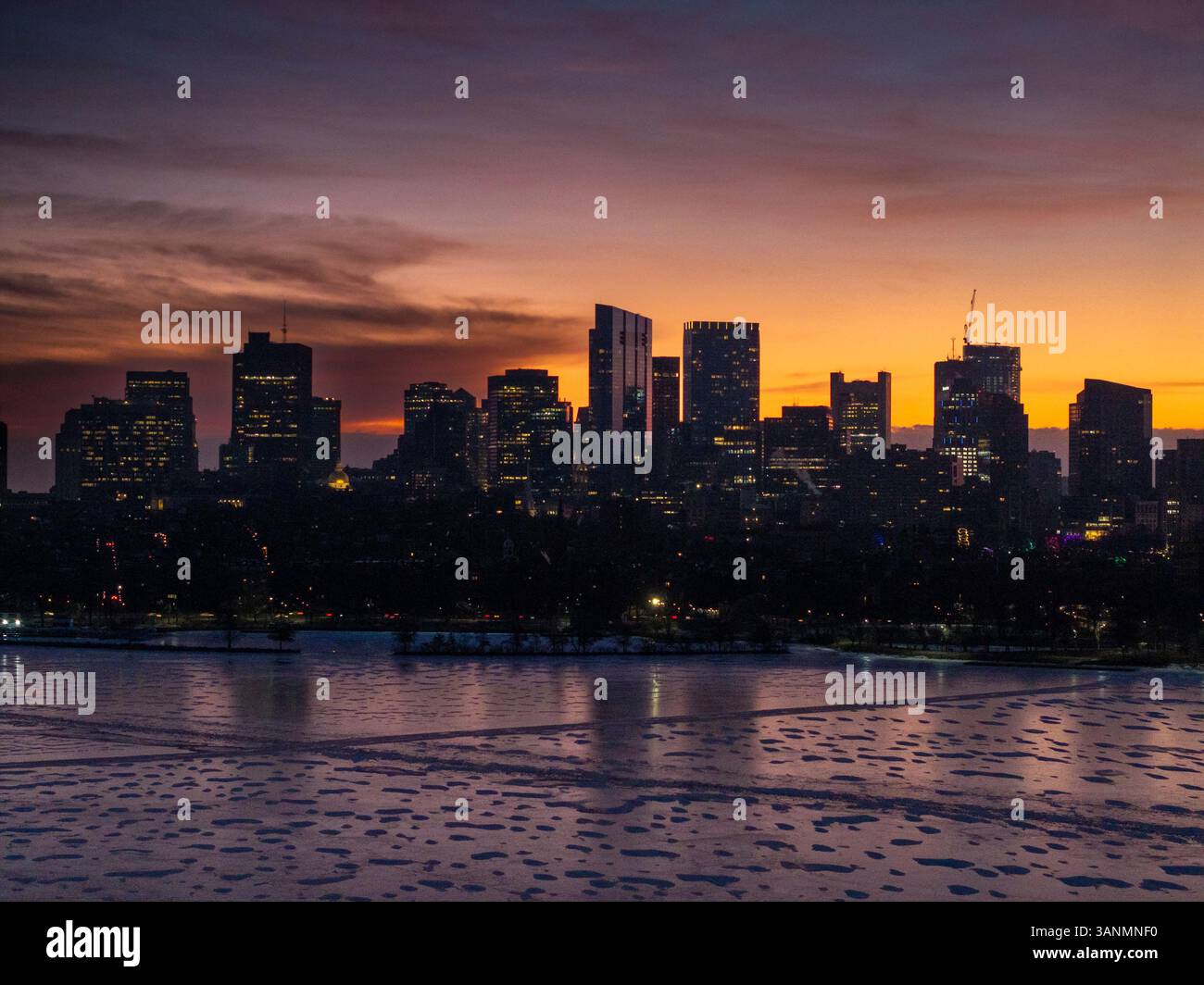 Aerial view of beautiful sunset over the Charles River with illuminated ...