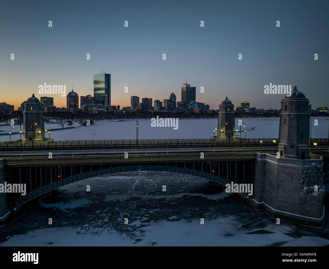 Aerial view of Longfellow Bridge over the frozen Charles River with the ...