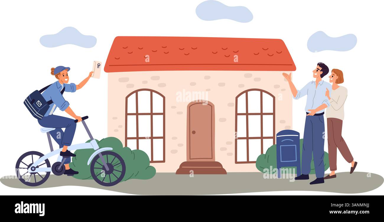 Girl letter carrier delivering mail on bicycle. Postal delivery to address. Postman carrying ...