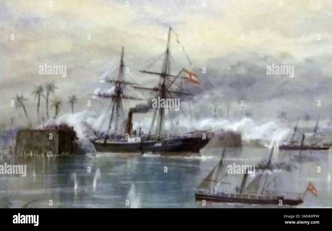 A painting by Rafael Monleón y Torres depicting the Spanish attack on ...
