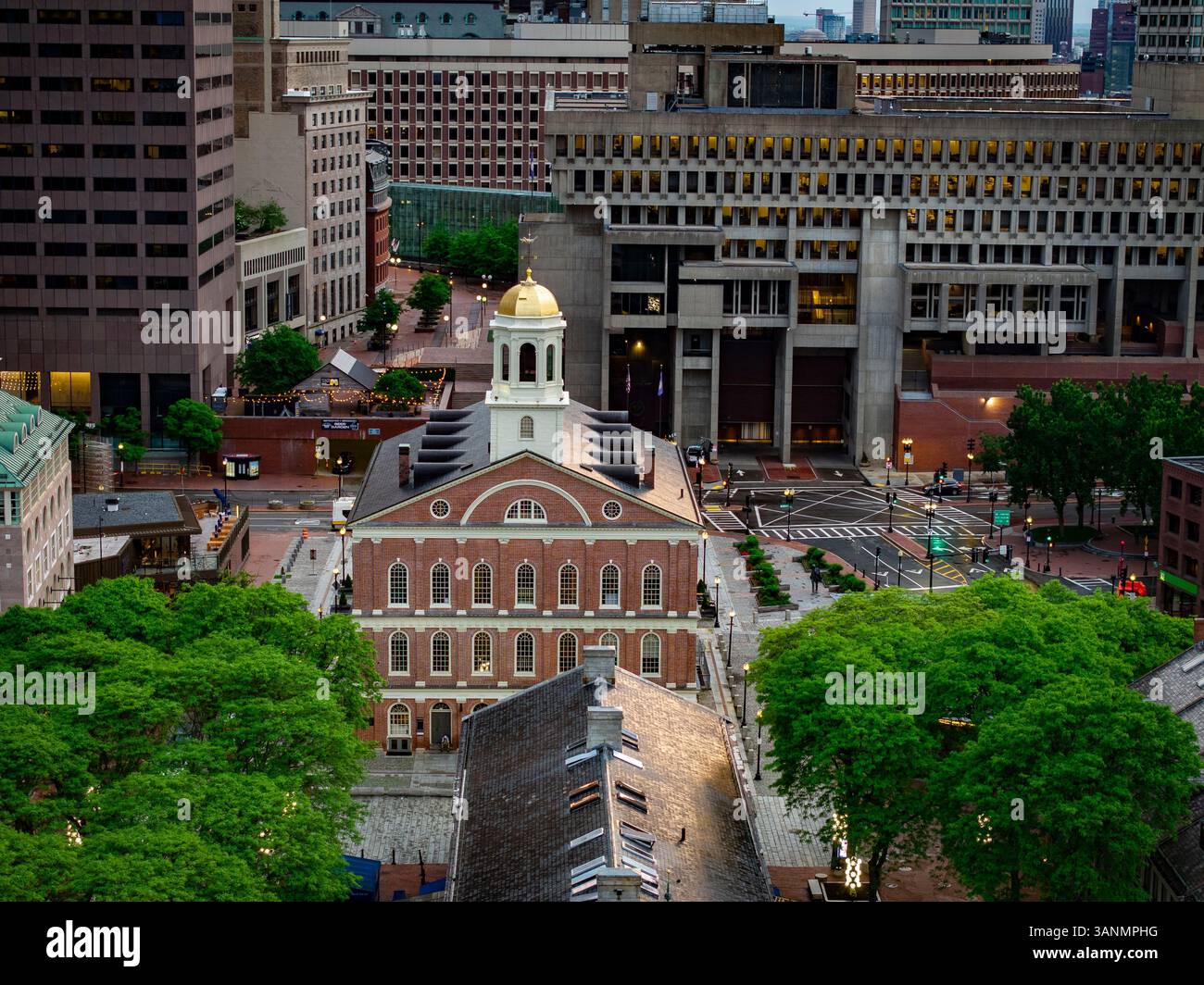 Aerial view of historical Fanueil Hall surrounded by beautiful ...
