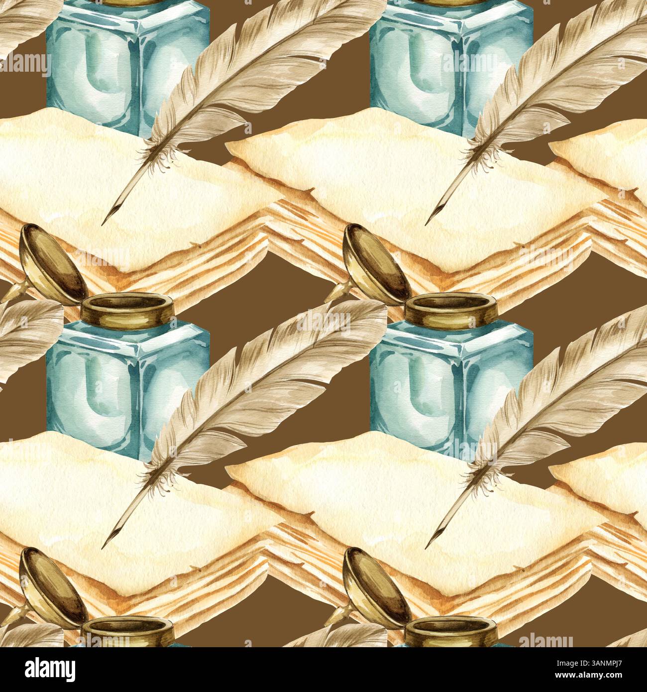 watercolor feather quill dip pen and vintage green glass inkwell with ...