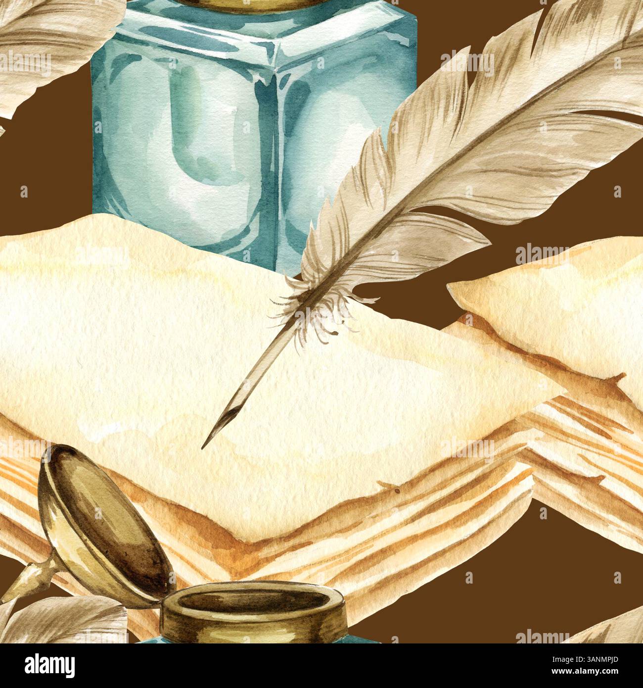 watercolor feather quill dip pen and vintage green glass inkwell with ...