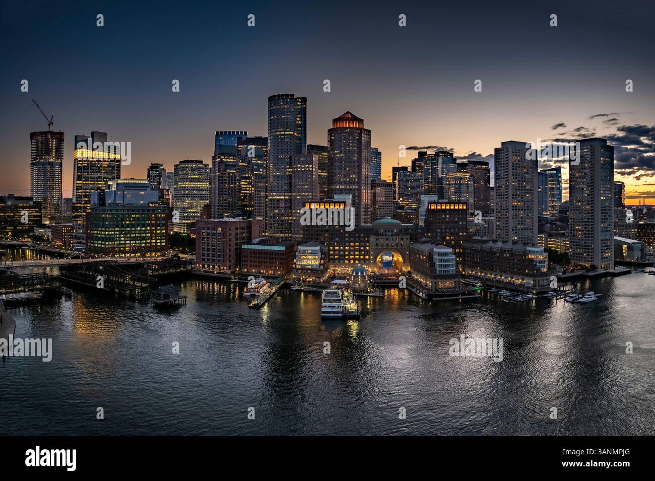 Aerial view of the beautiful Boston Seaport with modern skyscrapers ...