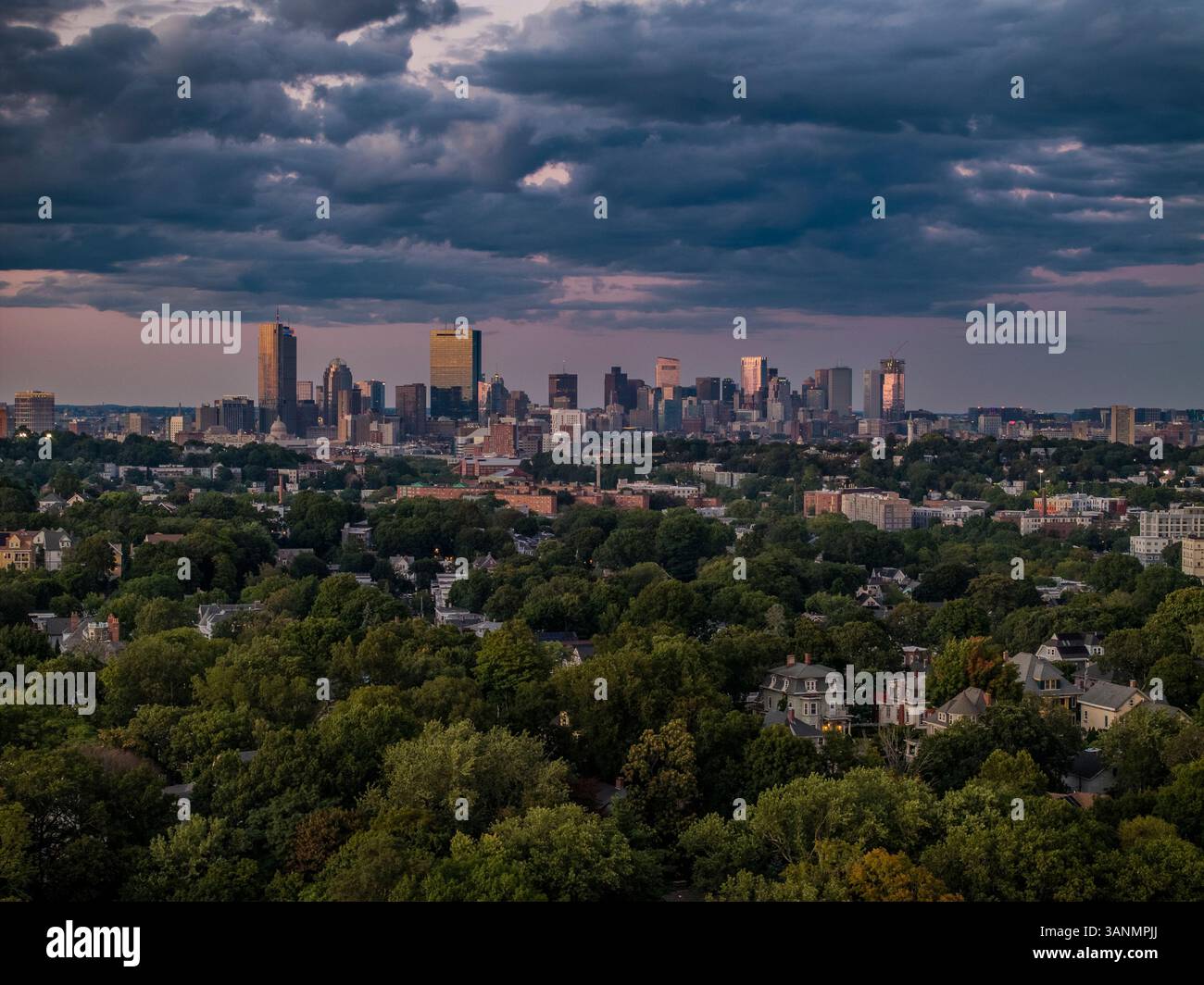 Aerial view of beautiful Boston skyline at sunset with historic ...