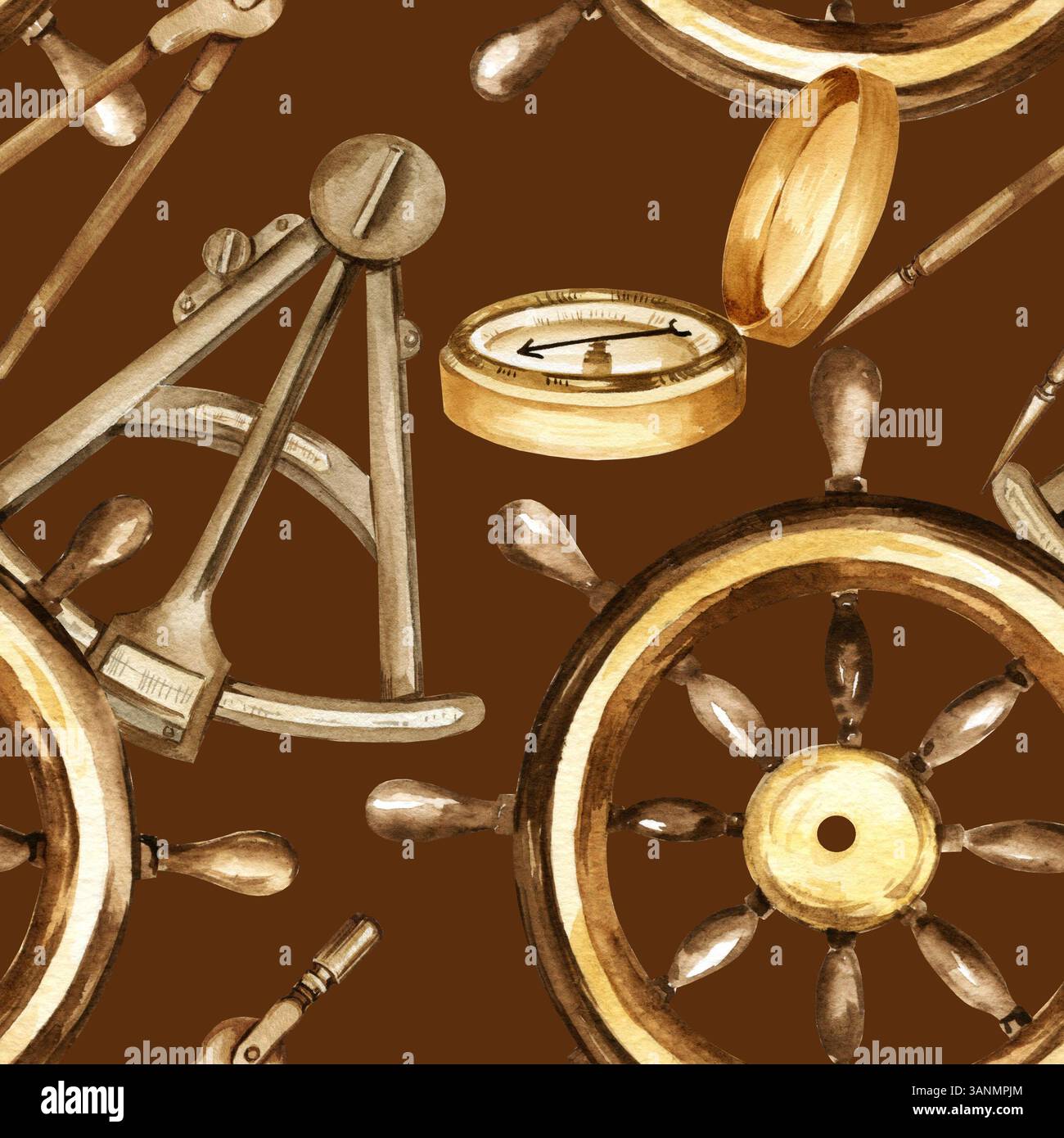 watercolor seamless pattern of vintage nautical equipment, brown ...