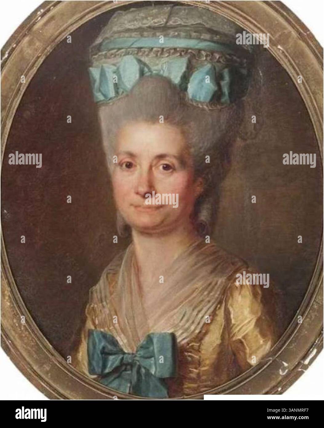 A bust-length portrait of a lady in a yellow dress with a blue ribbon ...