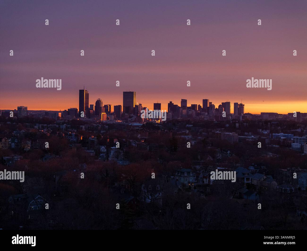 Aerial view of boston skyline at sunrise with beautiful colors in the ...