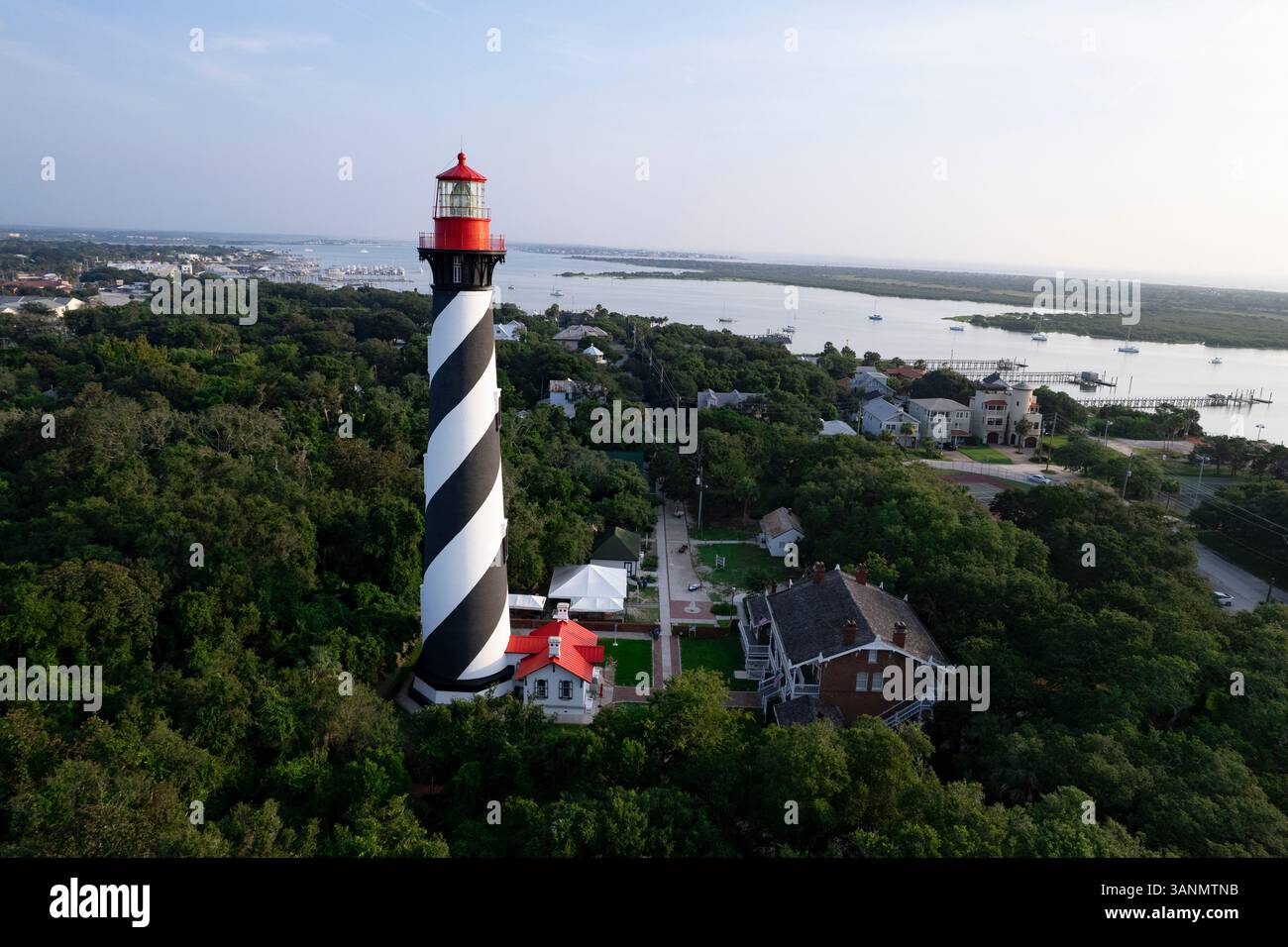 Aerial view of st. augustine lighthouse and coastline with ocean and beach, st. augustine ...
