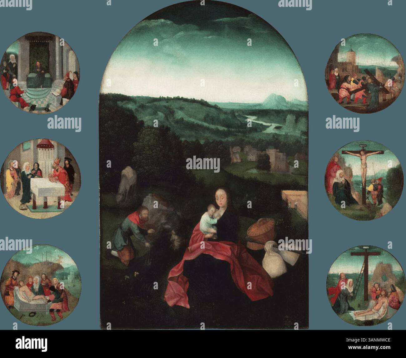 This 1515 triptych, attributed to a follower of Joachim Patinir, depicts the Rest on the Flight ...