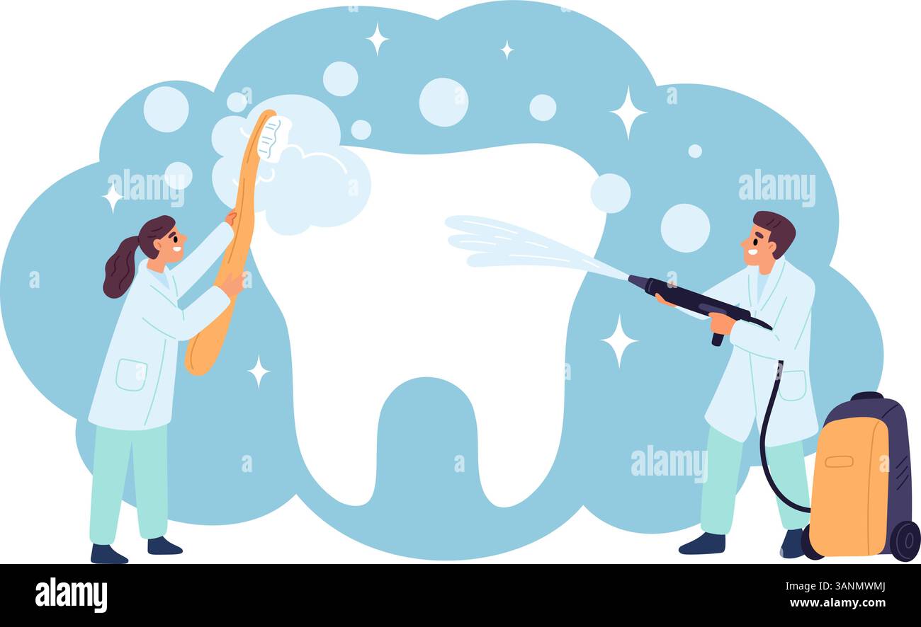Dentists man and woman cleaning big white tooth. Dental services. Tiny ...