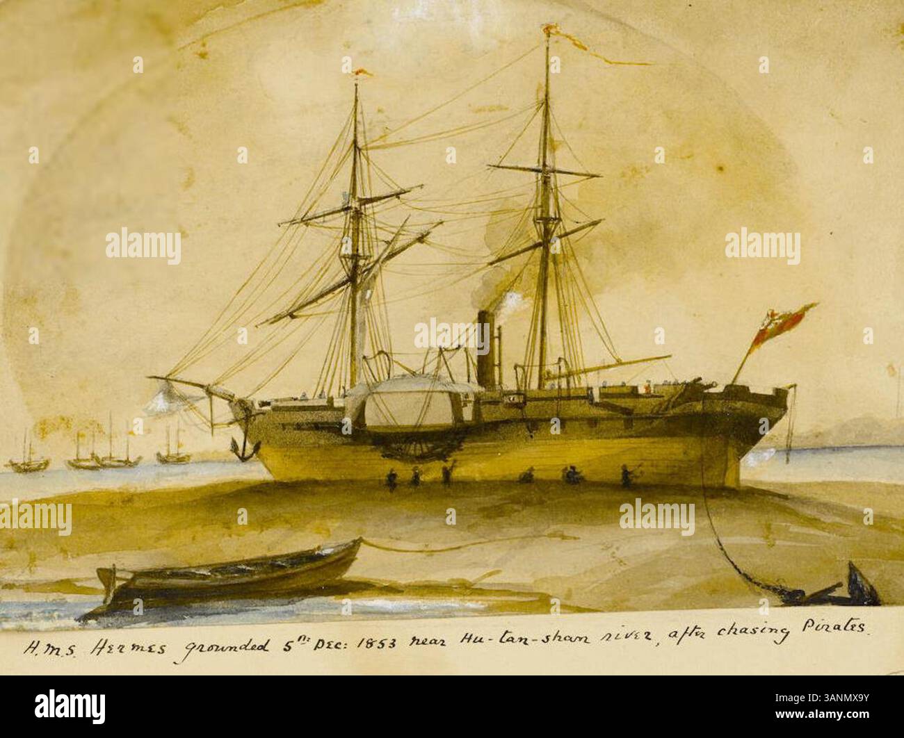 A cropped version of sketches by Mr. Williams depicting HMS Hermes ...