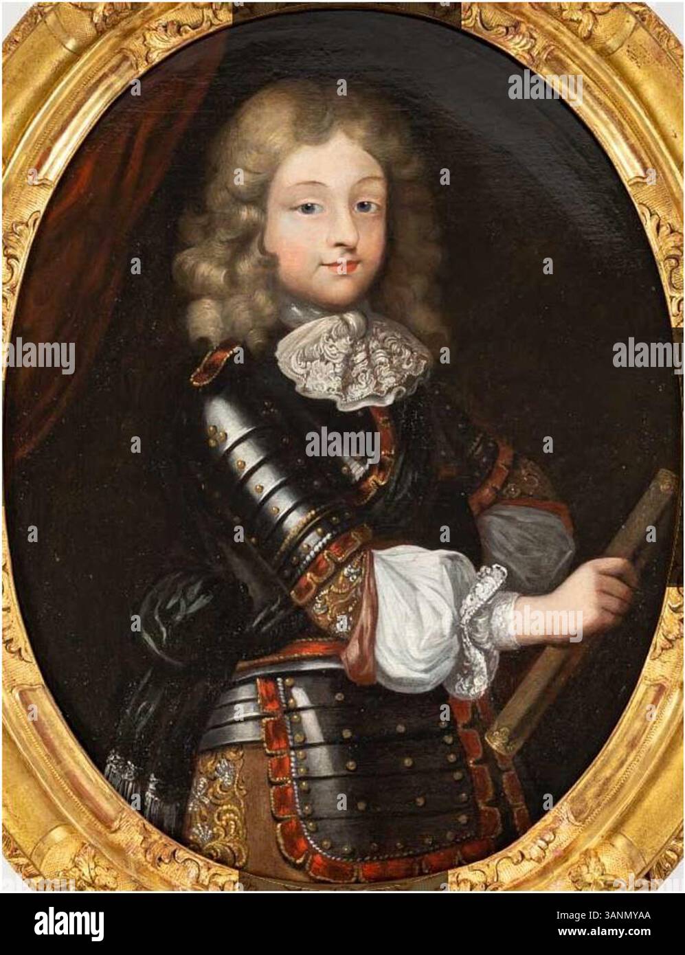 This 17th-century portrait from the French School shows a young prince in armor, holding his ...