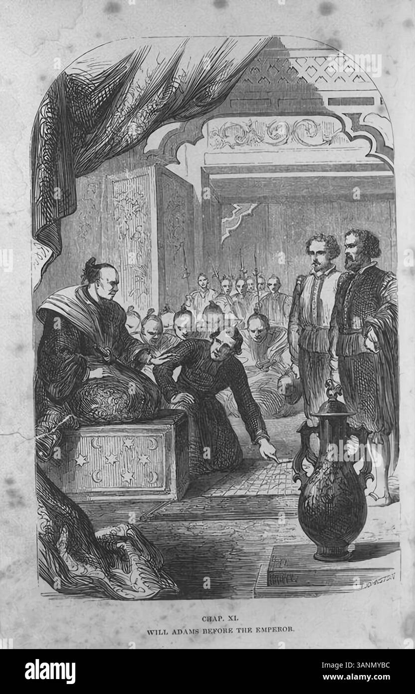 William Adams stands before Shogun Tokugawa Ieyasu, a scene depicting ...