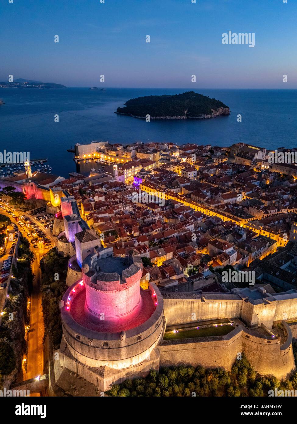 Aerial view of the beautiful medieval city with historic walls and fort ...