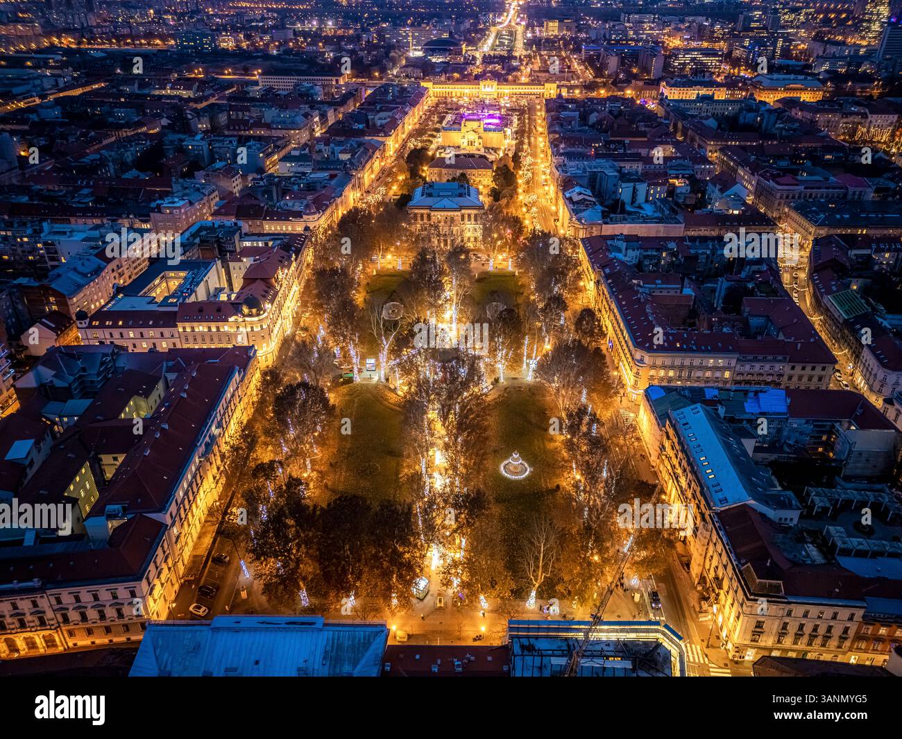 Aerial view of zrinjevac park illuminated by a festive christmas market ...