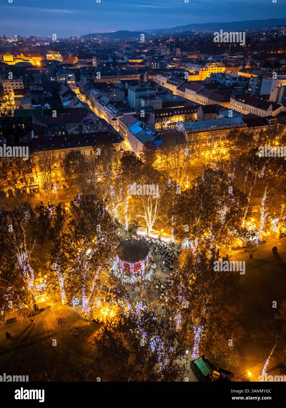 Aerial view of zrinjevac park illuminated by festive lights during the ...