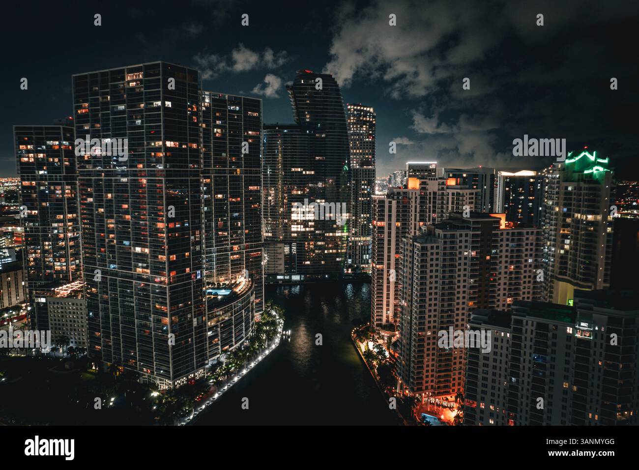 Aerial view of Miami skyline at night, Florida, United States Stock ...