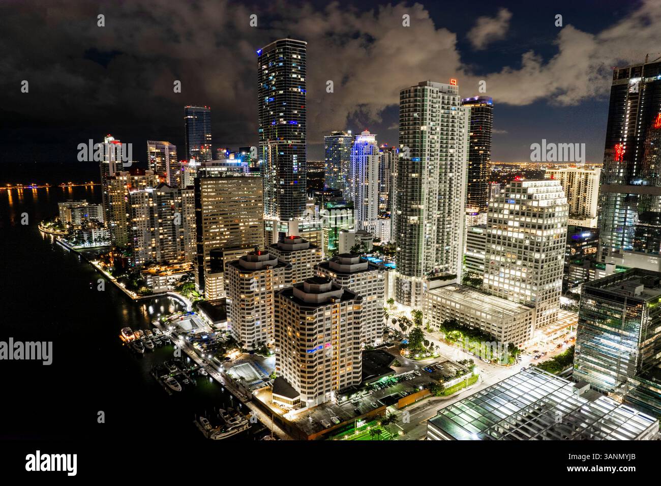 Aerial view of vibrant Miami skyline at night, Miami, United States ...