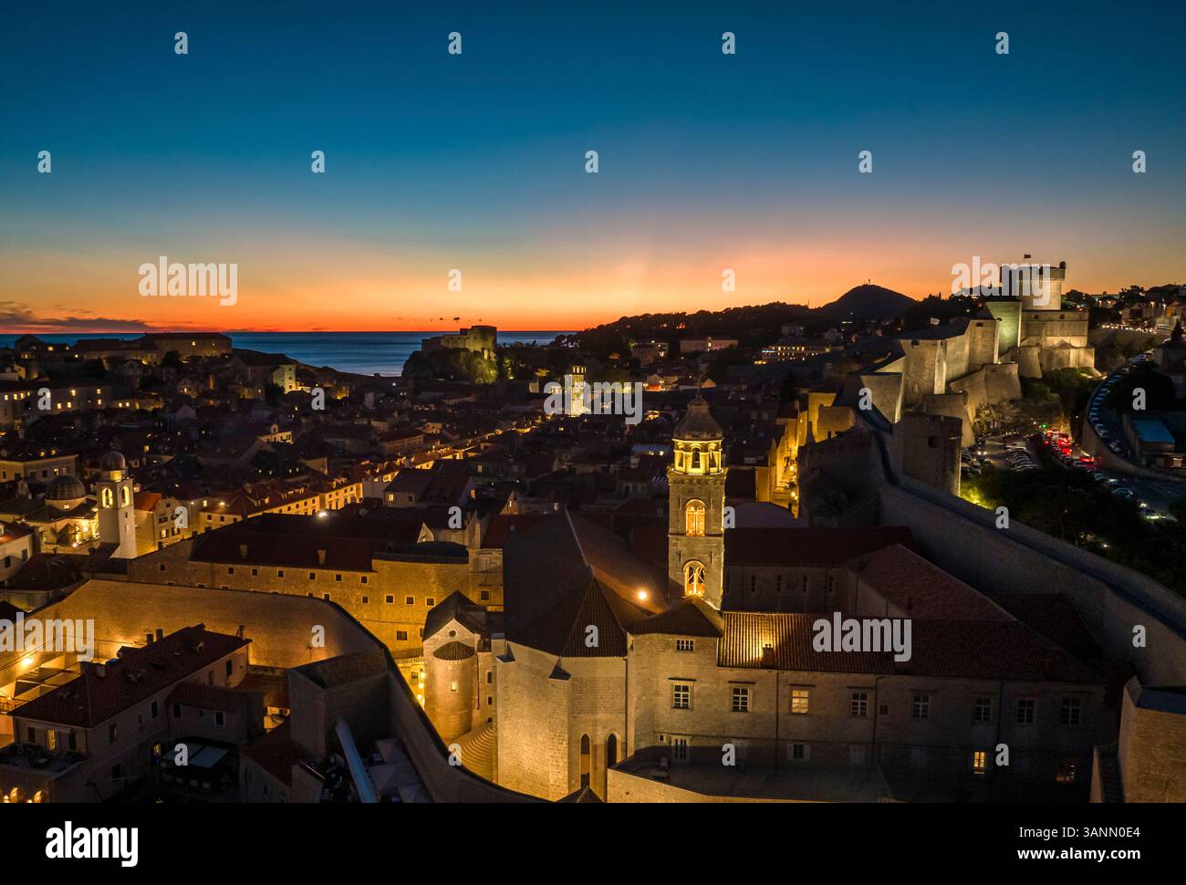 Aerial view of historic Dubrovnik at sunset, Ploce, Croatia Stock Photo ...