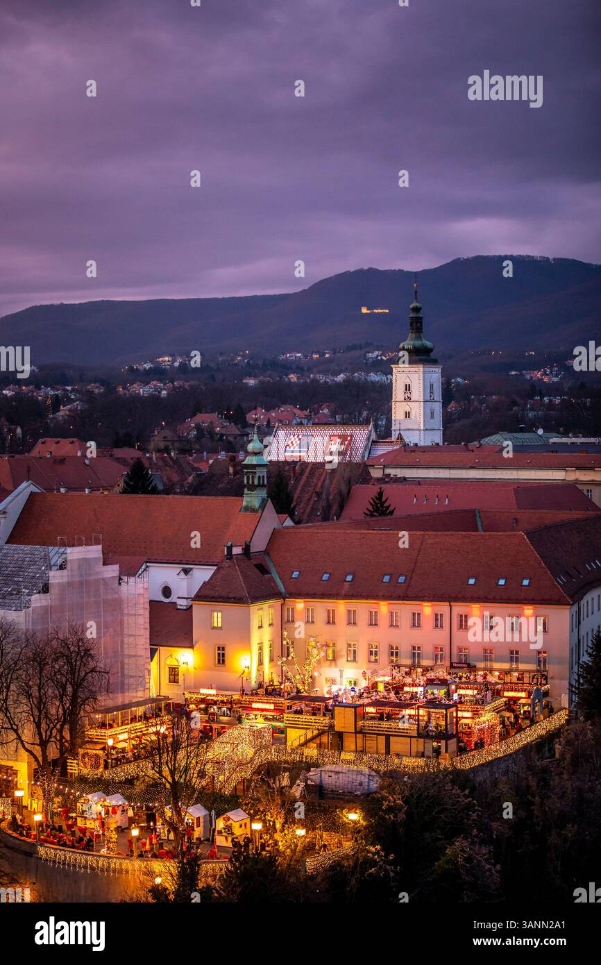 Aerial view of Zagreb city center during Advent at sunset, in Croatia ...