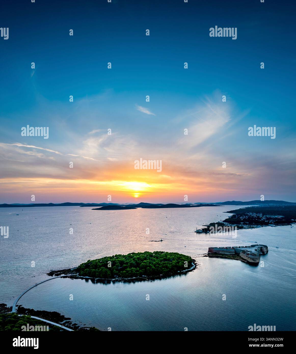 Aerial view of Saint Nicholas fortress in Sibenik at sunset, Croatia ...