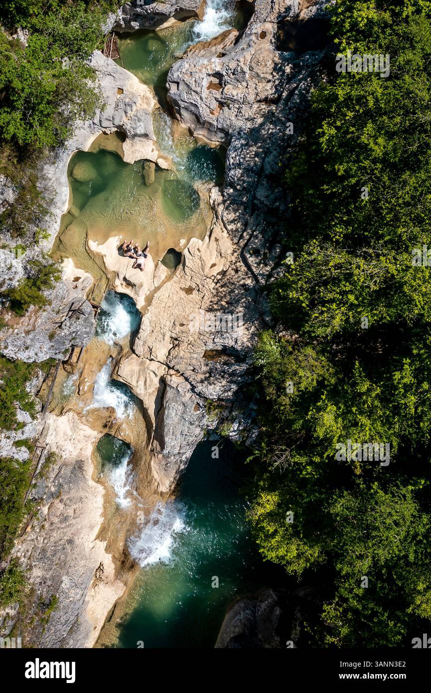 Aerial view of Kotli watermill with small waterfalls in Istria, Croatia ...