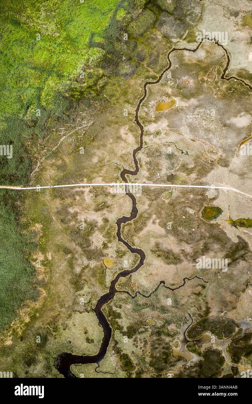 Aerial view of wooden platform bridge crossing swamps, Nin, Croatia ...