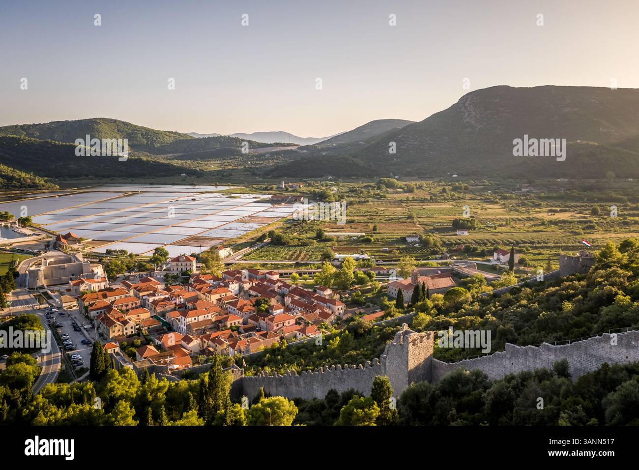 Aerial view of the city of Ston, famous for its long fortified walls ...