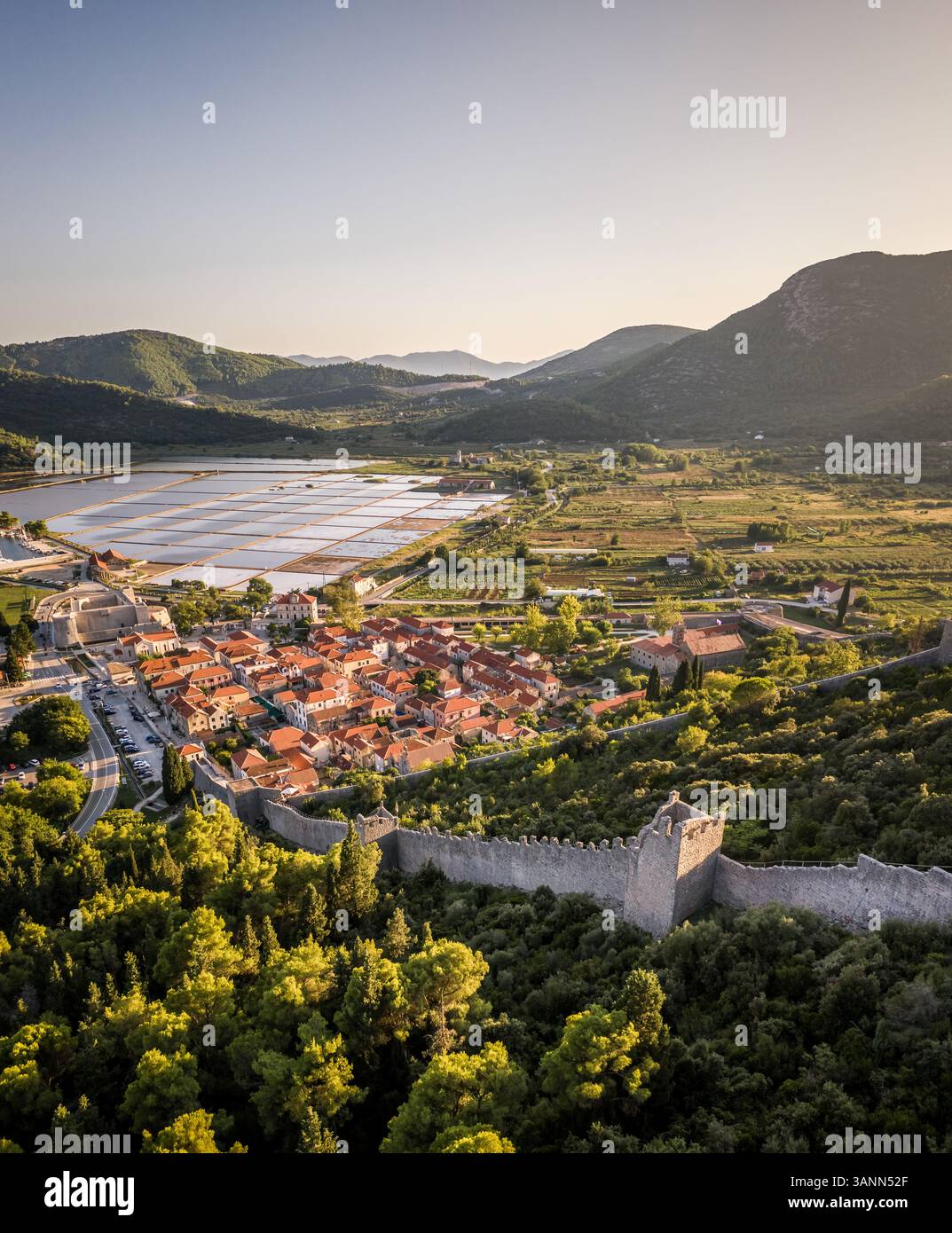 Aerial view of the city of Ston, famous for its long fortified walls ...