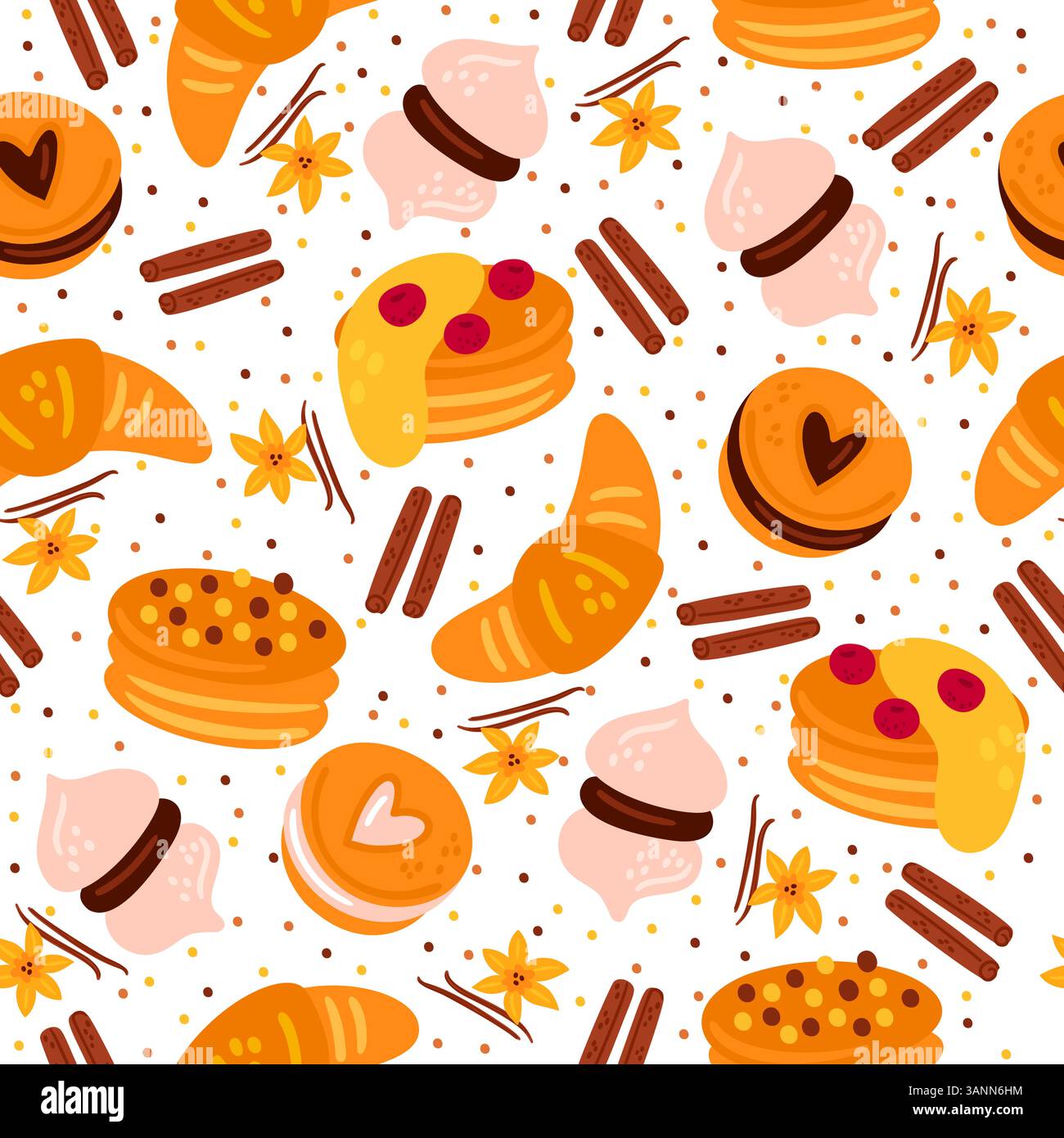 Baked pastries. Sweet cakes seamless pattern. Dessert bakery. Pancakes ...