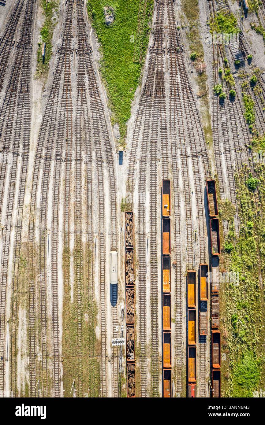 Aerial view of cargo trains stationed on rail tracks Stock Photo - Alamy