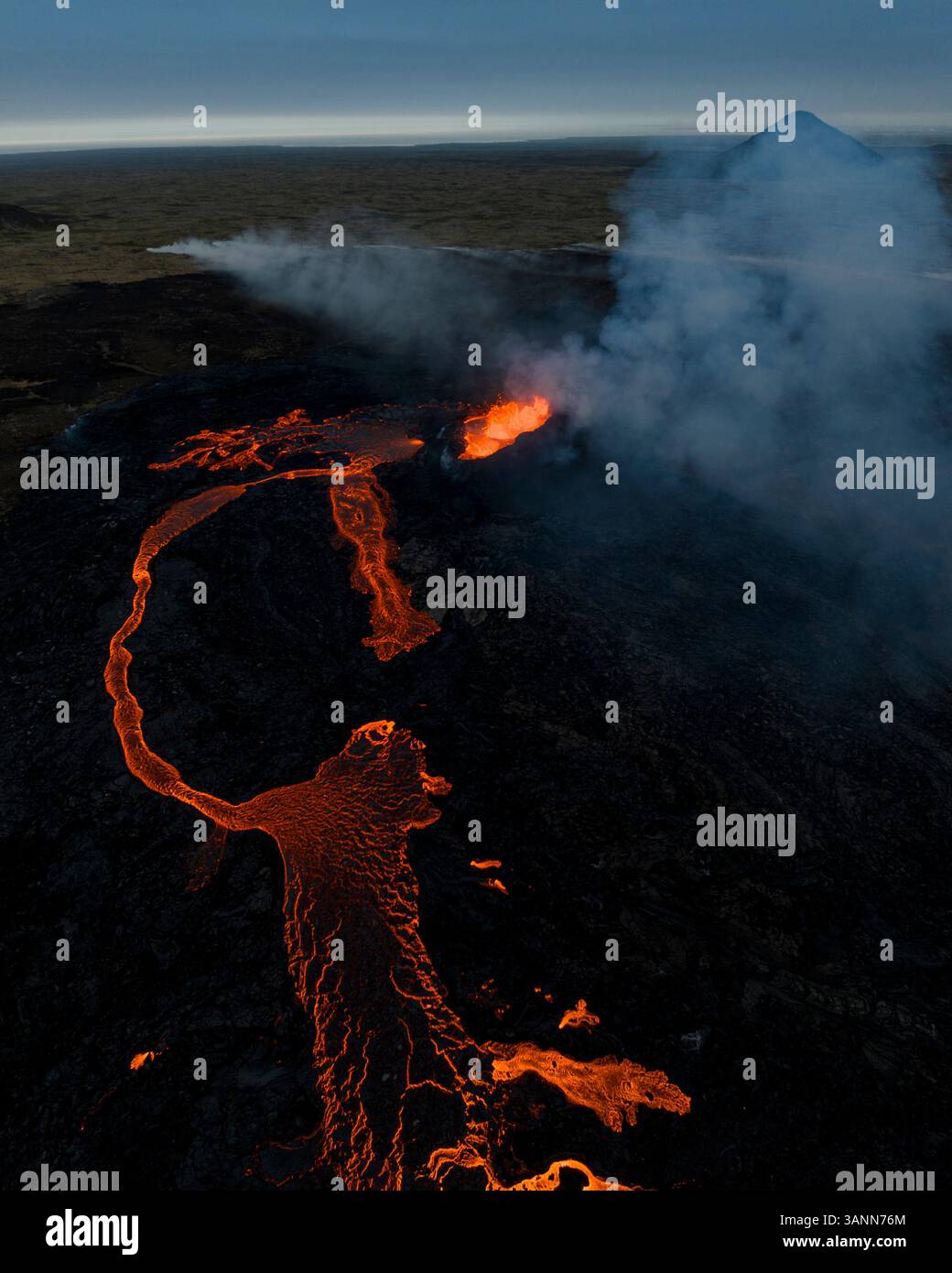 Aerial view of Litli-Hrutur (Little Ram) Volcano during an eruption on ...