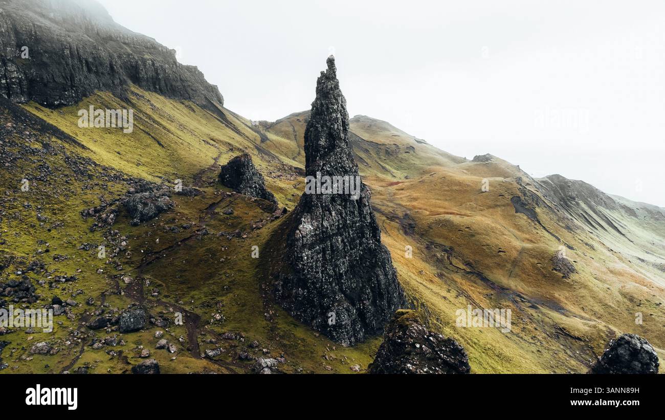 Aerial view of the majestic Old Man of Storr rock formation in autumn ...