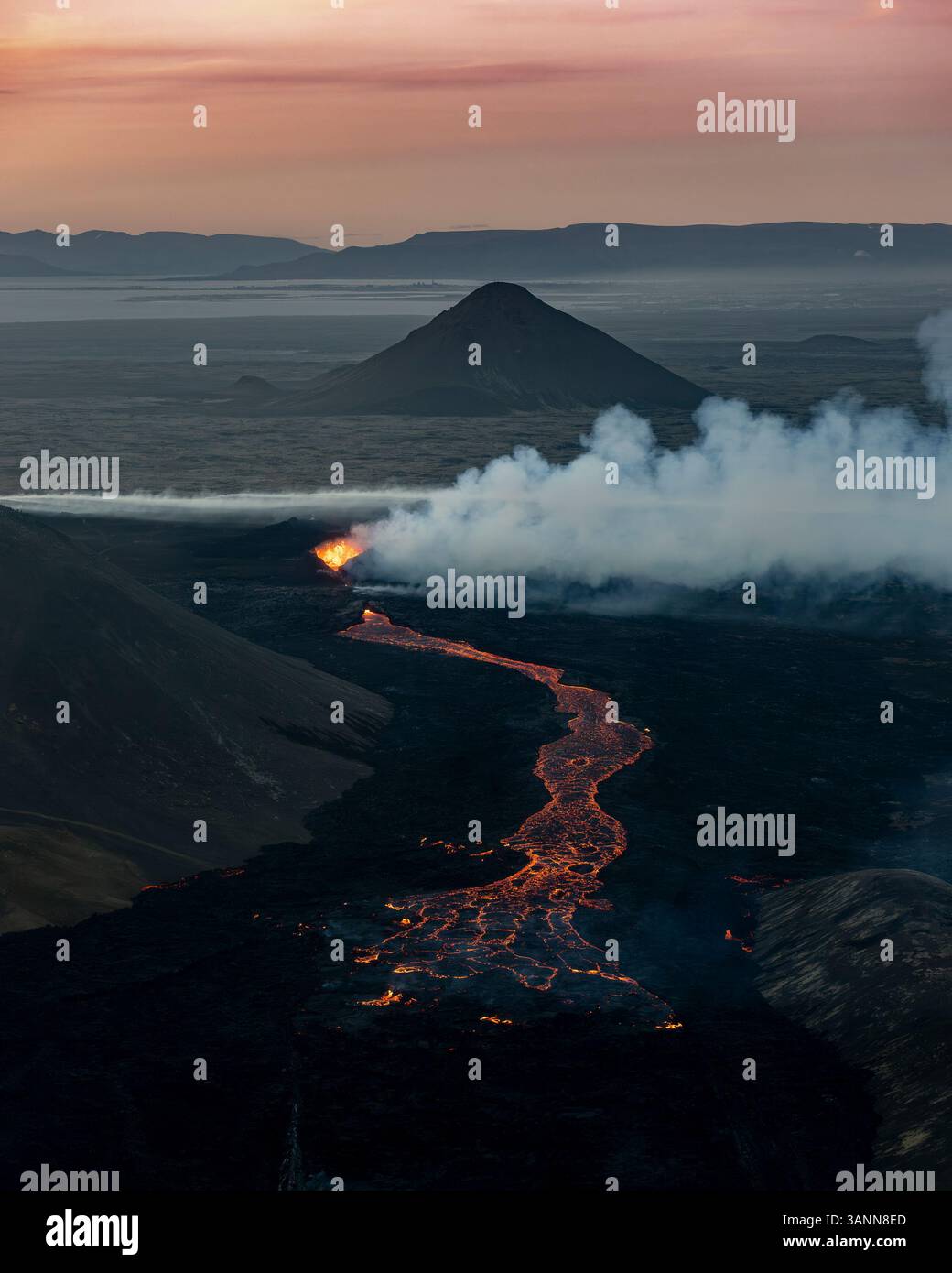 Aerial view of Litli-Hrutur (Little Ram) Volcano during an eruption on ...