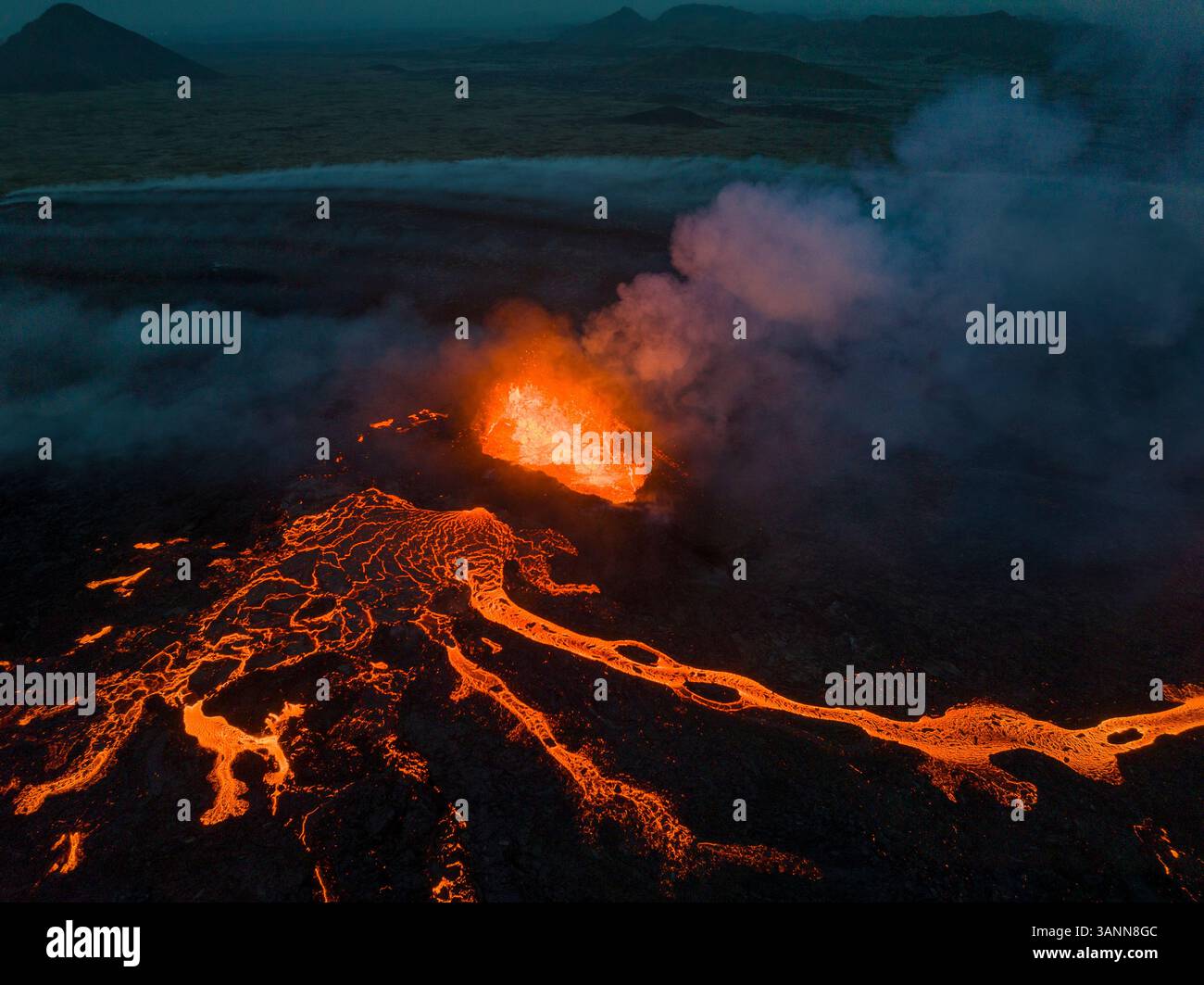 Aerial view of Litli-Hrutur (Little Ram) Volcano during an eruption on ...