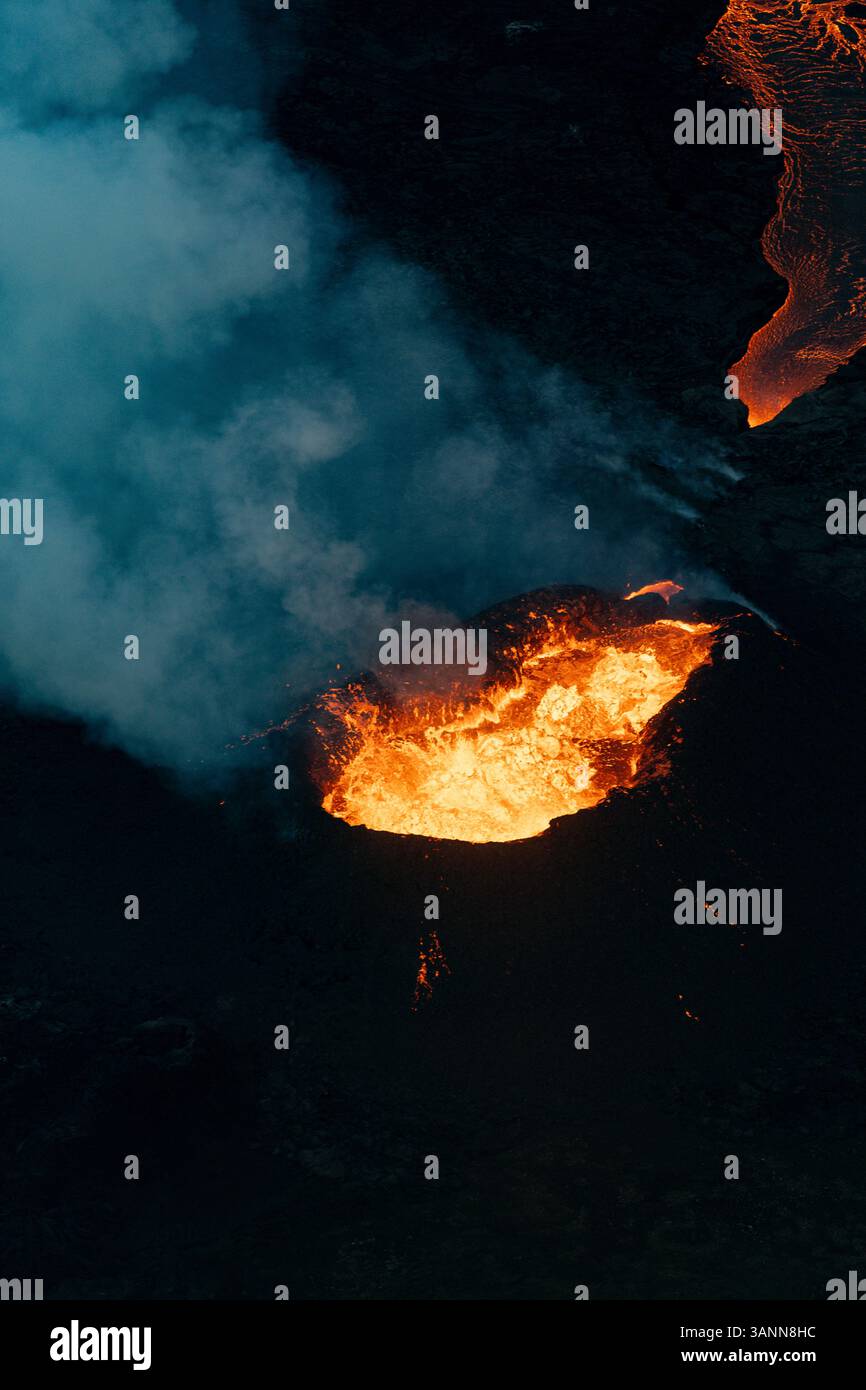 Aerial view of Litli-Hrutur (Little Ram) Volcano during an eruption on ...