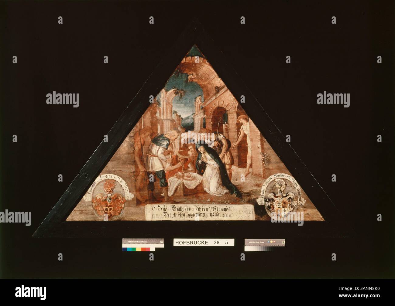 This artwork depicts the shepherds adoring the newborn Jesus in ...