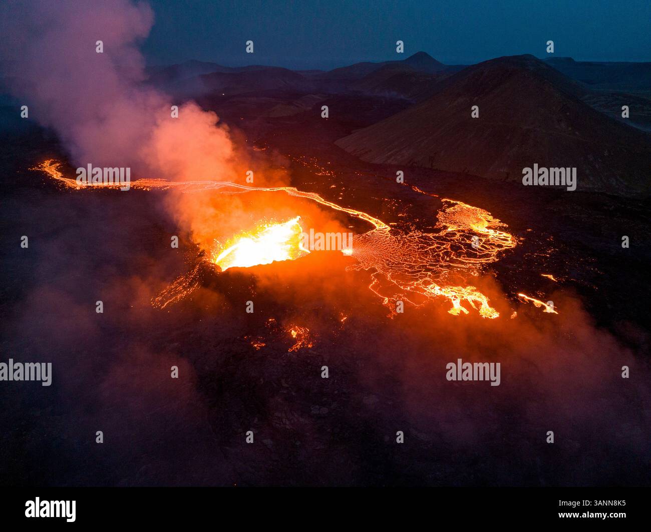 Aerial view of Litli-Hrutur (Little Ram) Volcano during an eruption on ...