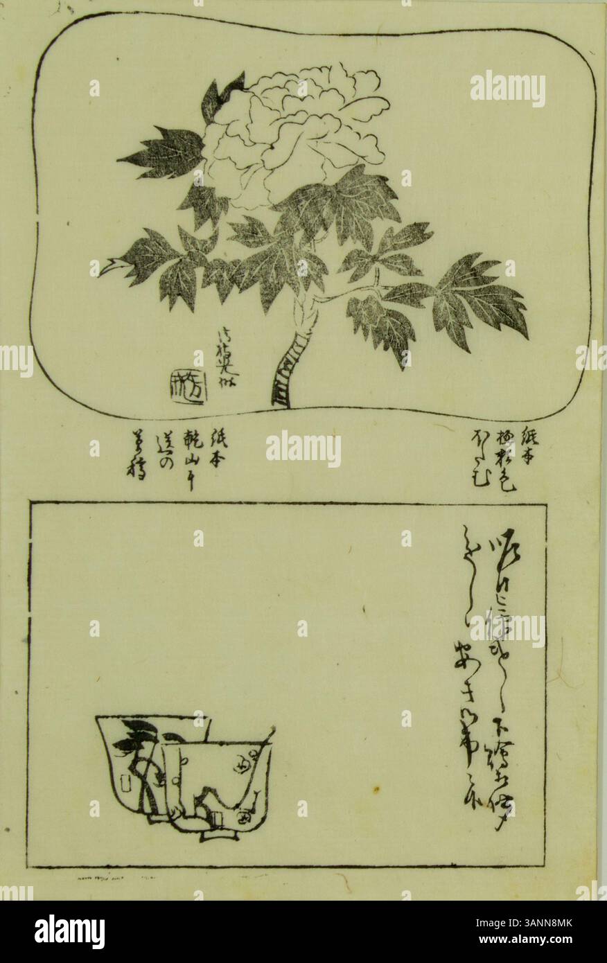 This 1815 print by Sakai Hitsu depicts a tree peony alongside tea cups ...
