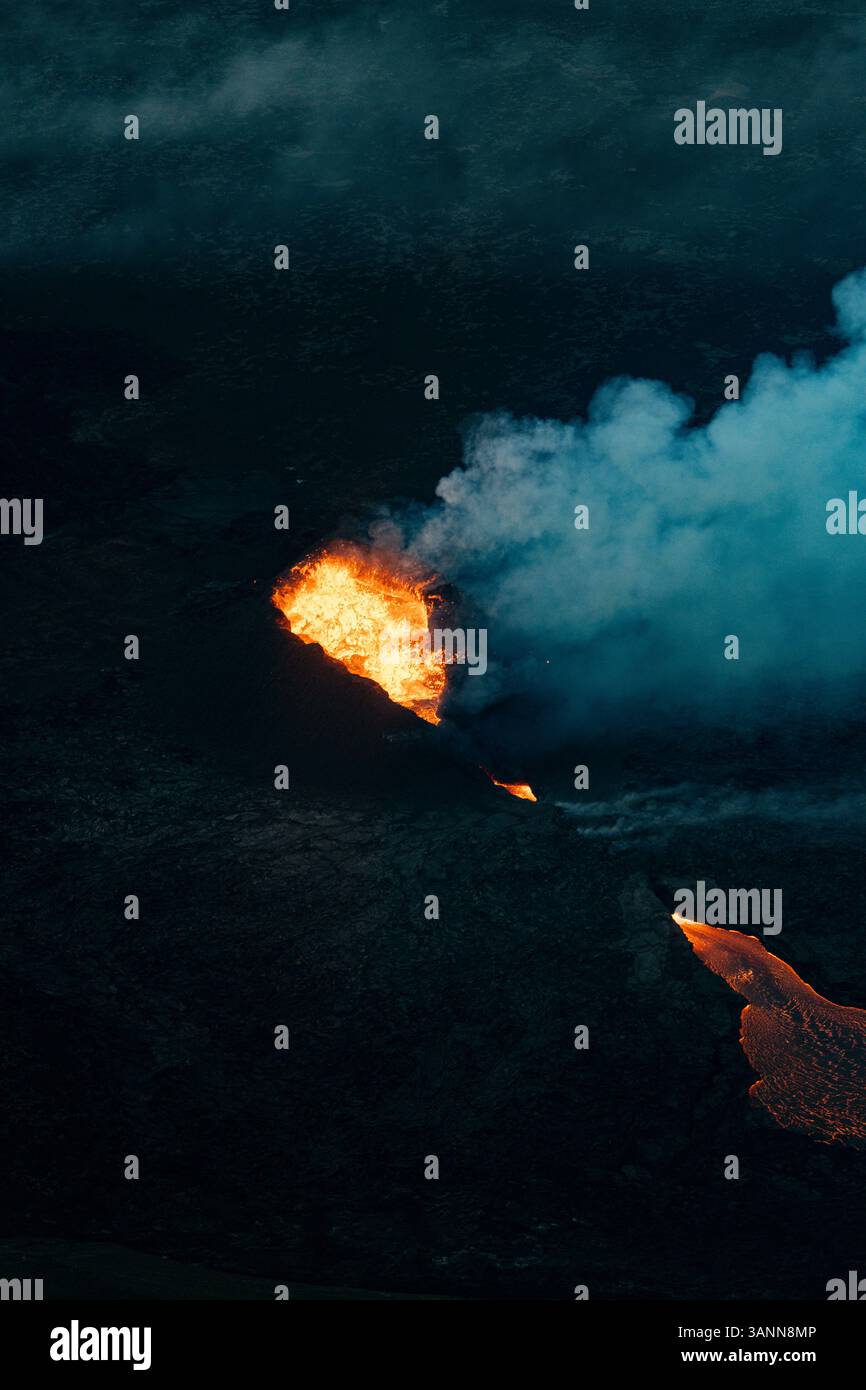 Aerial view of Litli-Hrutur (Little Ram) Volcano during an eruption on ...