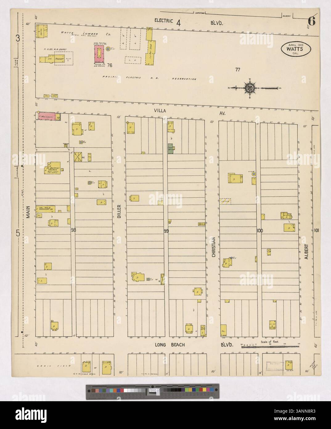 A 1910 Sanborn Fire Insurance map of Watts, Los Angeles, showing ...