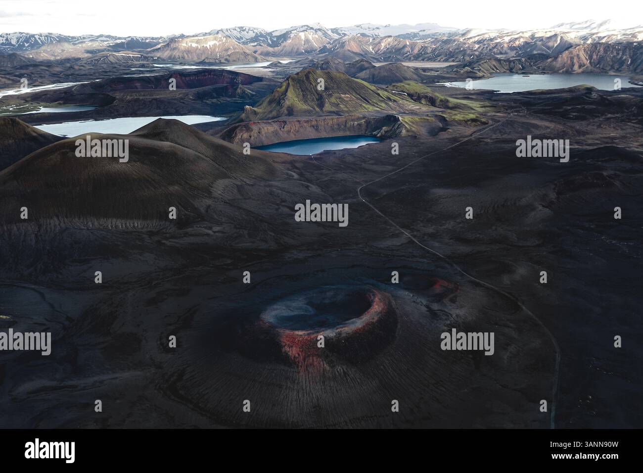 Aerial view of deserted landscape,with volcano craters, glacial lakes ...