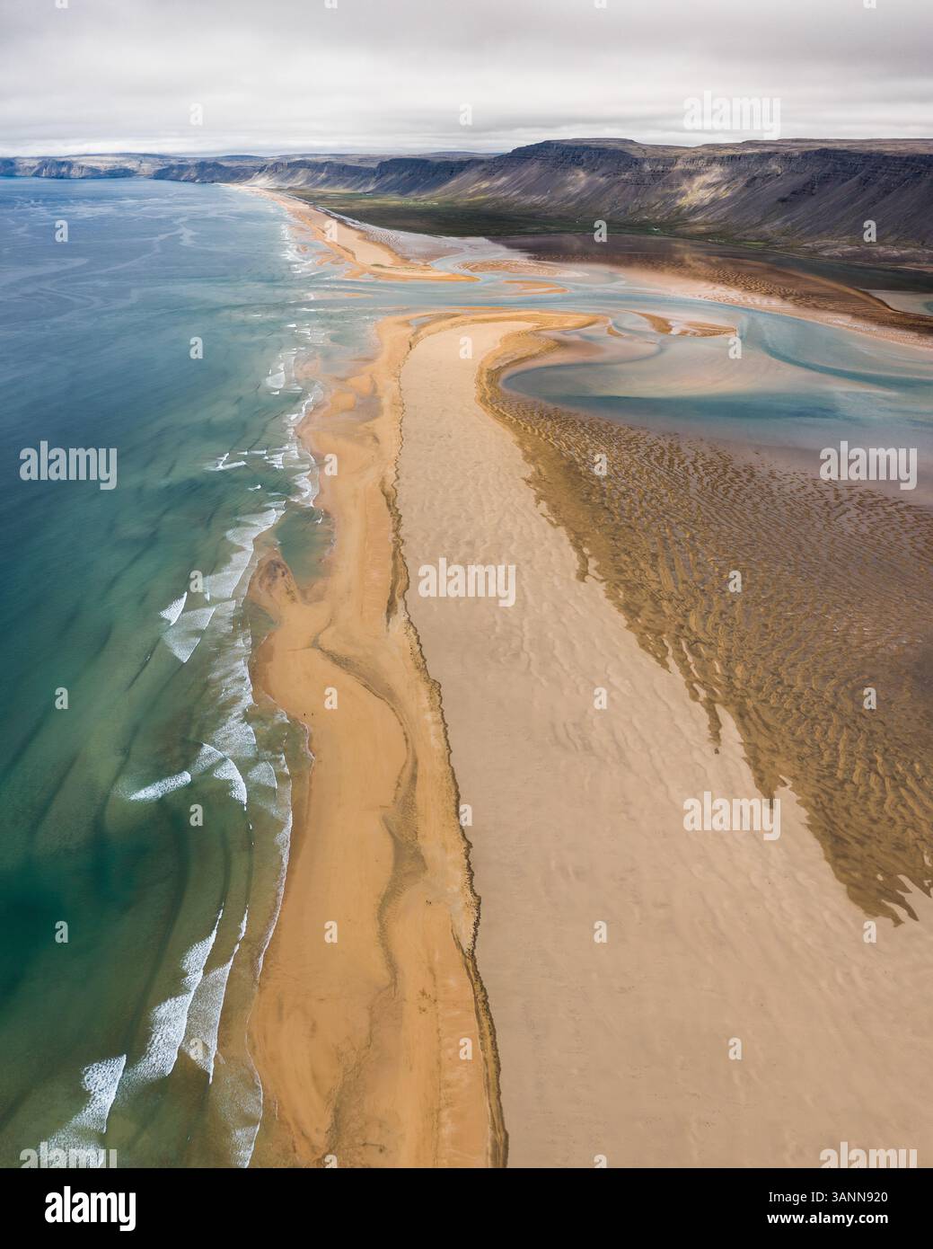Aerial view of Raudisandur,one of few yellow beaches in Iceland. A ...