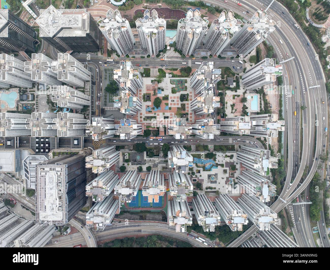 Aerial view of dense urban landscape with modern skyscrapers and ...