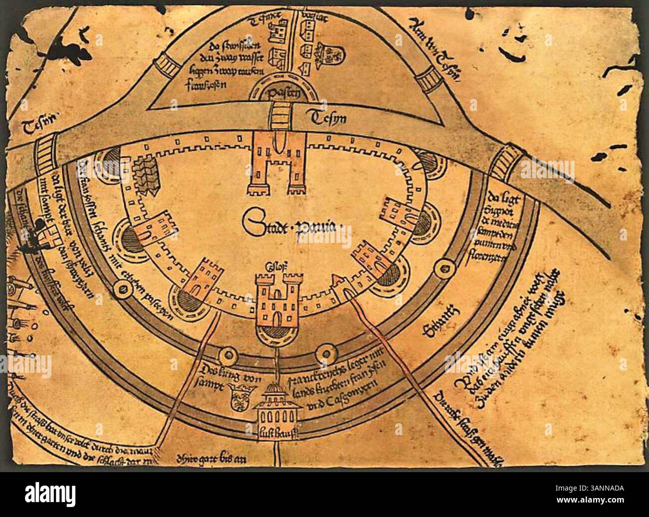 Map of the siege of Pavia (1525), a colored fragment of a woodcut, 1525 ...