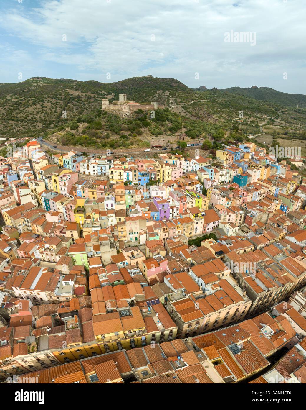 Aerial view of the picturesque medieval town with colorful rooftops and ...