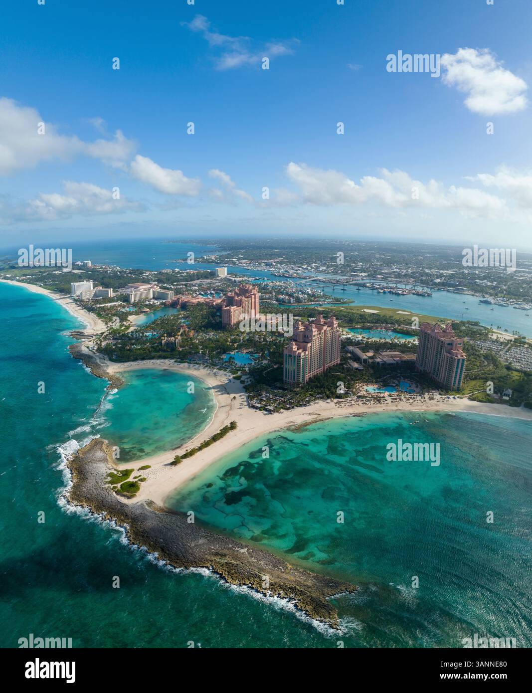 Aerial view of beautiful sandy beach and luxurious resort buildings ...