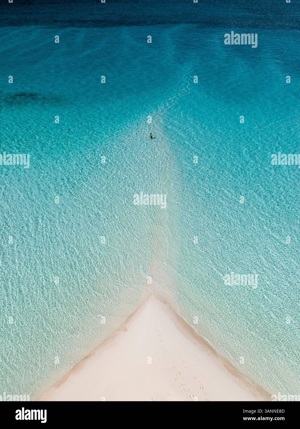 Aerial view of a serene tropical beach with a woman swimming in crystal ...